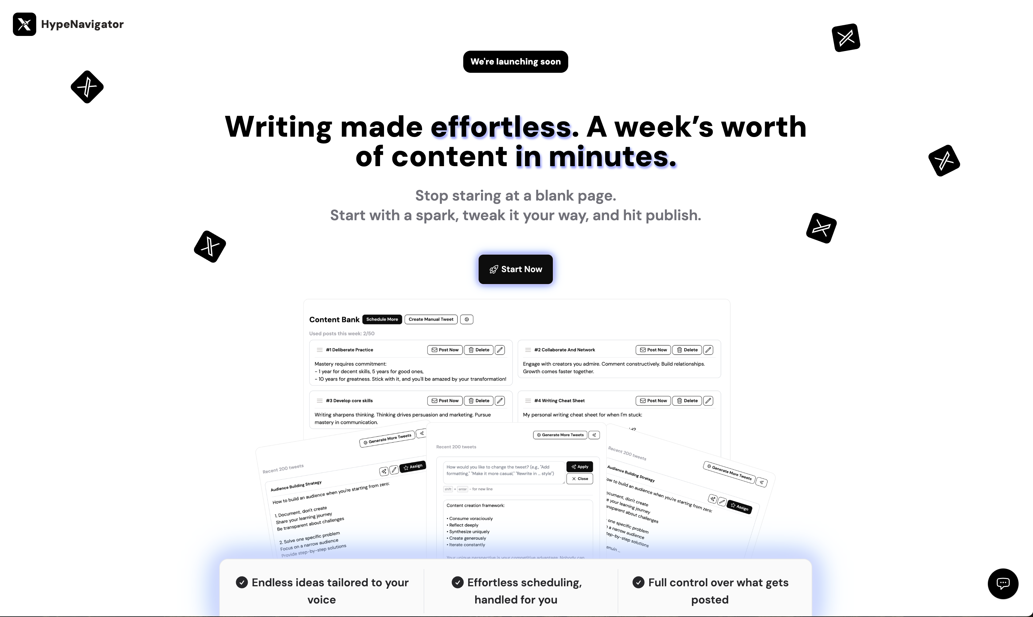 Writing made effortless. A week’s worth of content in minutes.